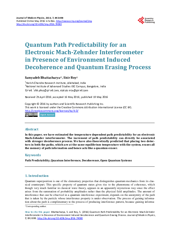 (PDF) Quantum Path Predictability for an Electronic Mach-Zehnder Interferometer in Presence of ...