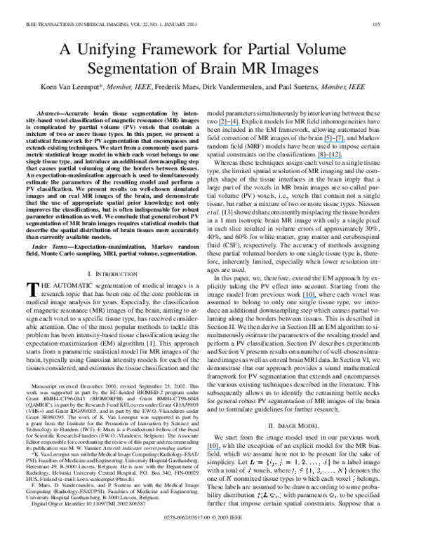 (PDF) A unifying framework for partial volume segmentation of brain MR images