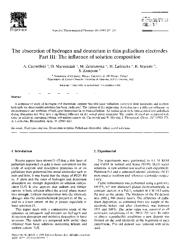 (PDF) The absorption of hydrogen and deuterium in thin palladium electrodes