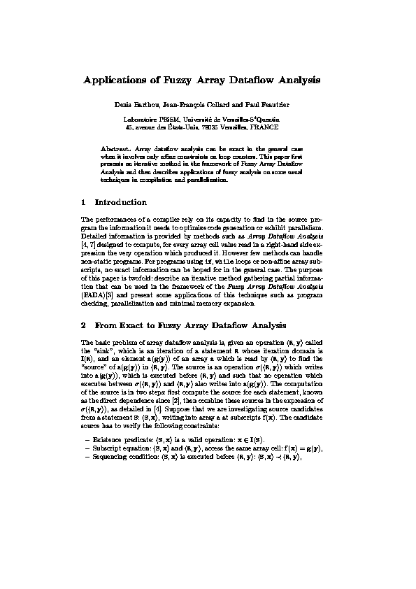 Pdf Applications Of Fuzzy Array Dataflow Analysis Denis Barthou