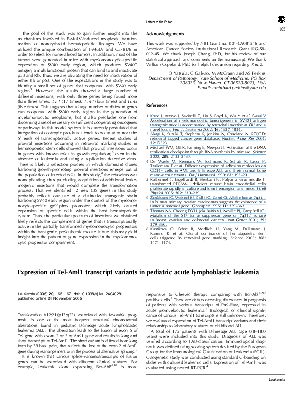 (PDF) Expression of Tel-Aml1 transcript variants in pediatric acute ...