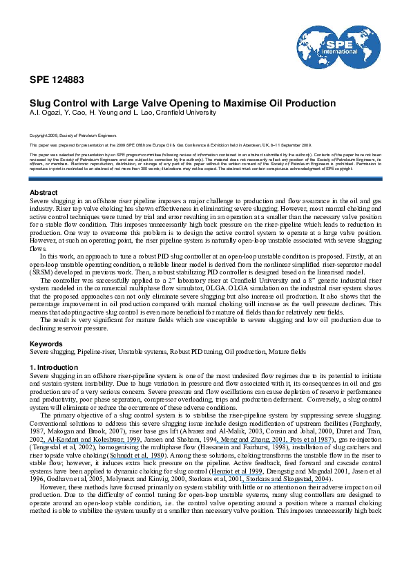 (PDF) Slug Control With Large Valve Openings To Maximize Oil Production