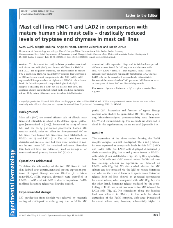 (PDF) Mast cell lines HMC-1 and LAD2 in comparison with mature human ...