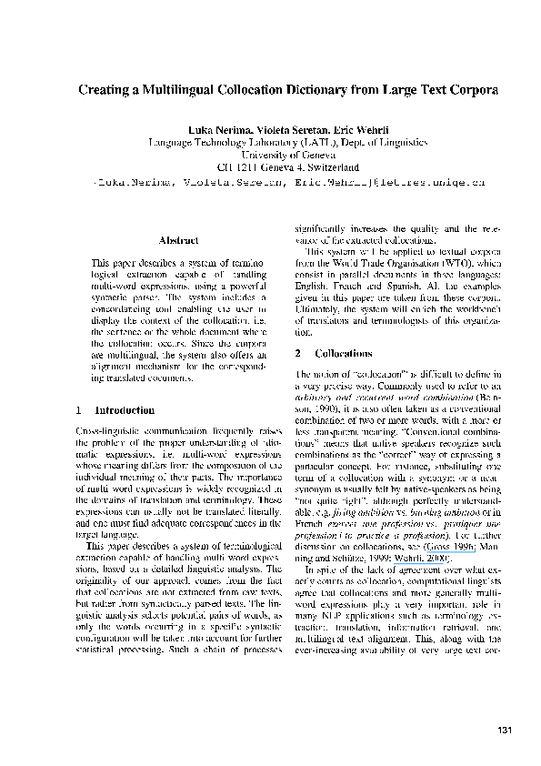 Pdf Creating A Multilingual Collocation Dictionary From Large Text Corpora