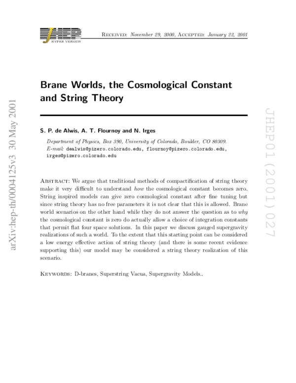 (PDF) Brane Worlds, the Cosmological Constant and String Theory | Nikos ...