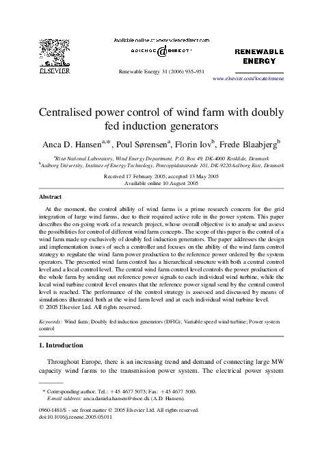 (PDF) Centralised power control of wind farm with doubly fed induction ...