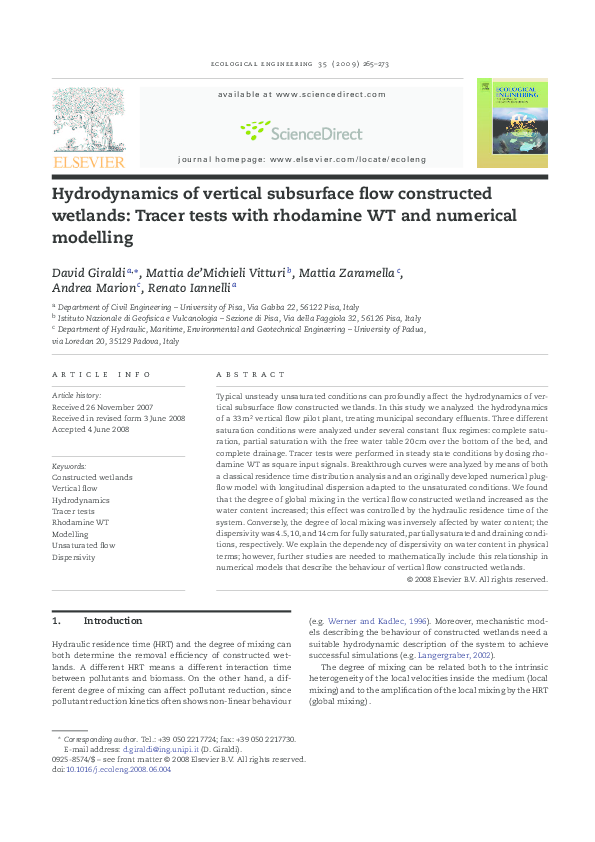 (PDF) Hydrodynamics of vertical subsurface flow constructed wetlands ...