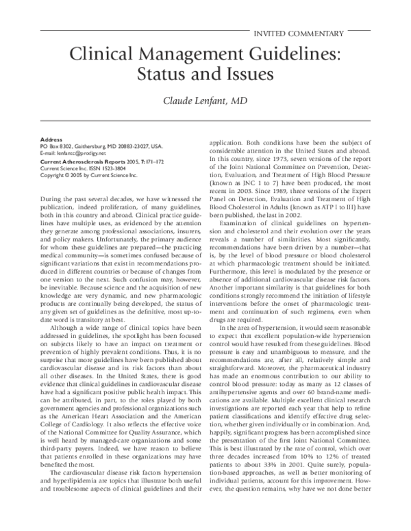 (PDF) Clinical management guidelines: Status and issues