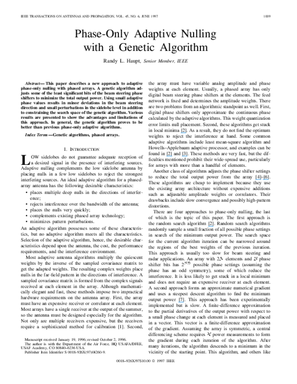 Pdf Phase Only Adaptive Nulling With A Genetic Algorithm