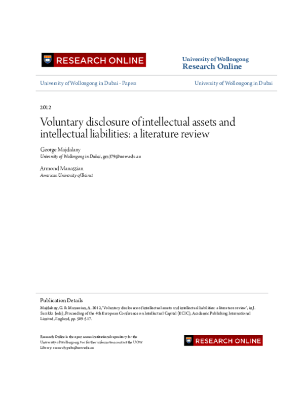 (PDF) Voluntary disclosure of intellectual assets and intellectual liabilities: a literature review