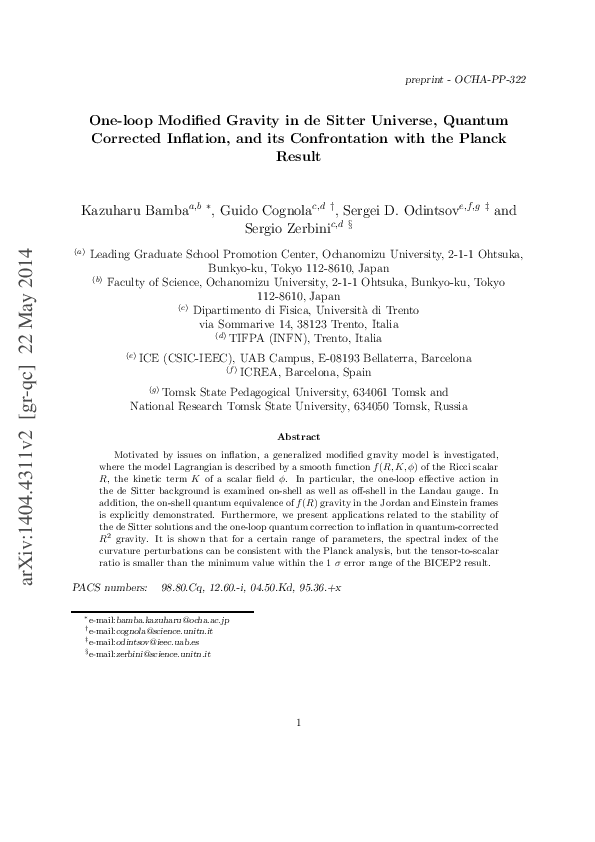 (PDF) One-loop modified gravity in a de Sitter universe, quantum-corrected inflation, and its ...