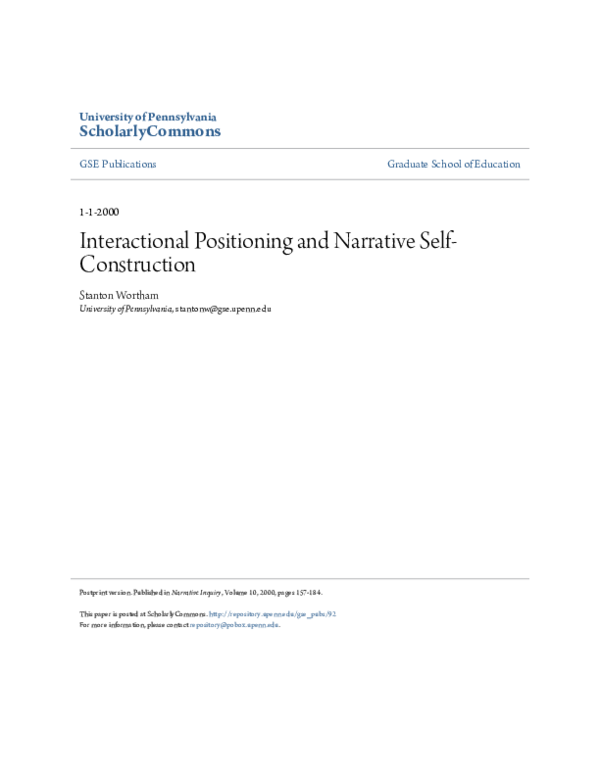 (PDF) Interactional Positioning and Narrative Self-construction