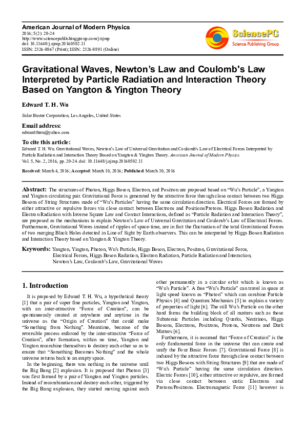 (PDF) Gravitational Waves, Newton's Law and Coulomb's Law Interpreted by Particle Radiation and ...