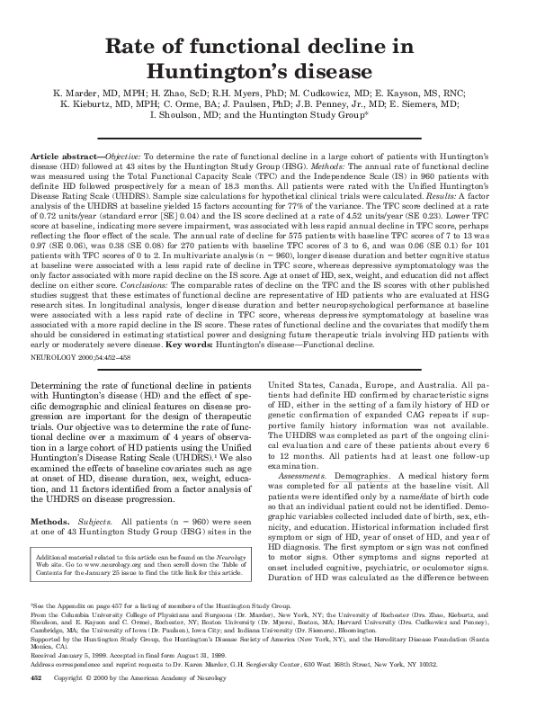 (PDF) Rate of functional decline in Huntington's disease