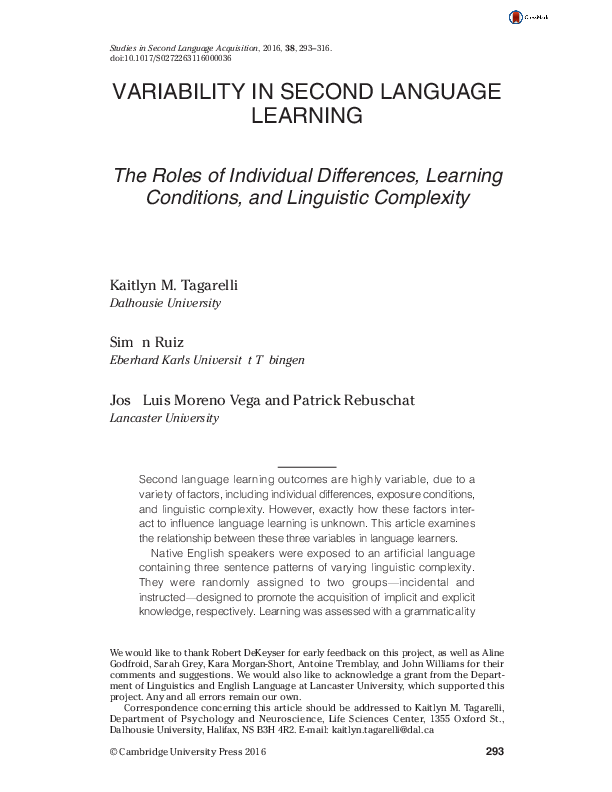 (PDF) Variability in second language learning: The roles of individual differences, learning ...