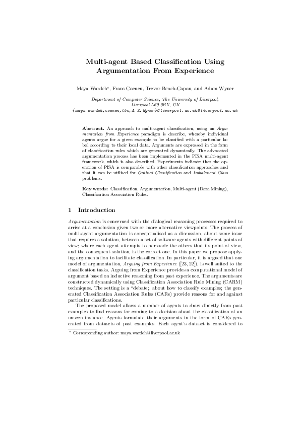 (PDF) Multi-agent Based Classification Using Argumentation from Experience