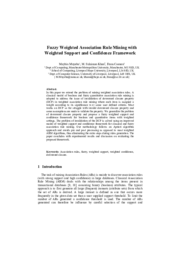(PDF) Fuzzy Weighted Association Rule Mining with Weighted Support and Confidence Framework