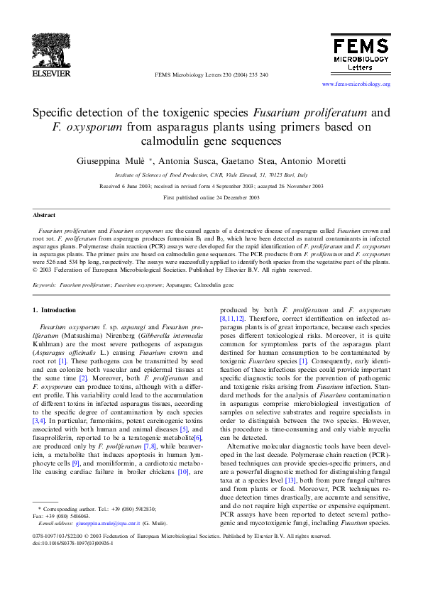 (PDF) Specific detection of the toxigenic species Fusarium proliferatum and F. oxysporum from ...