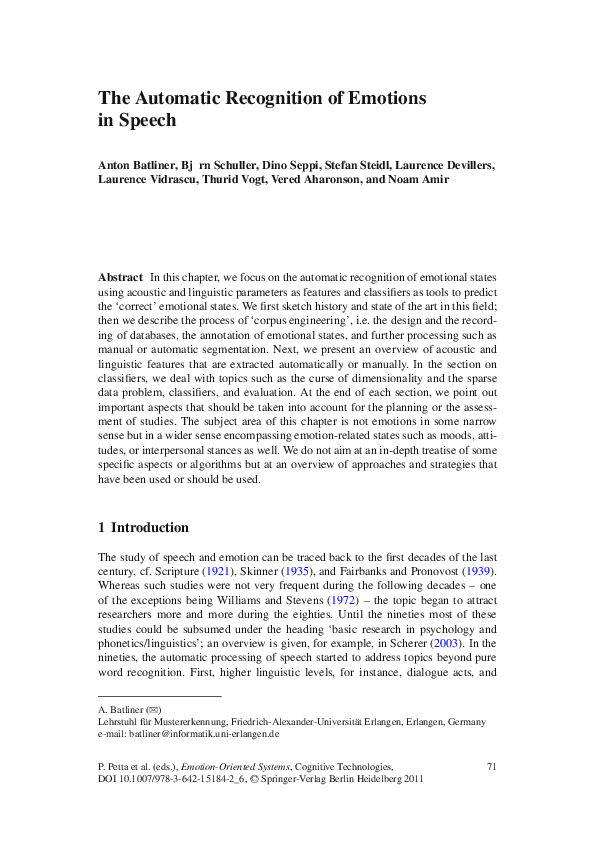 (PDF) The Automatic Recognition of Emotions in Speech