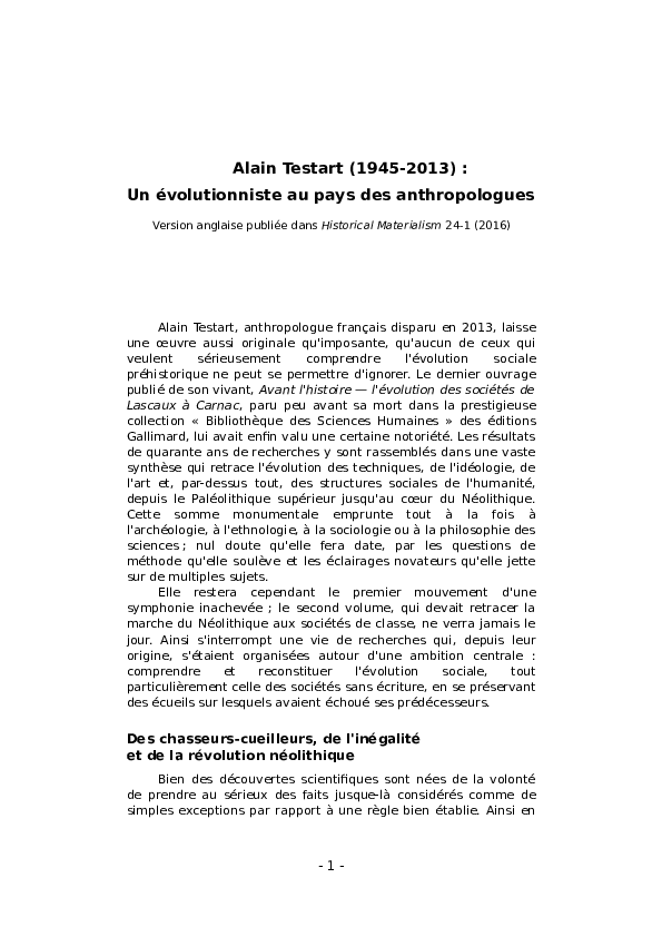 (DOC) Alain Testart (1945-2013) : Un évolutionniste au pays des ...