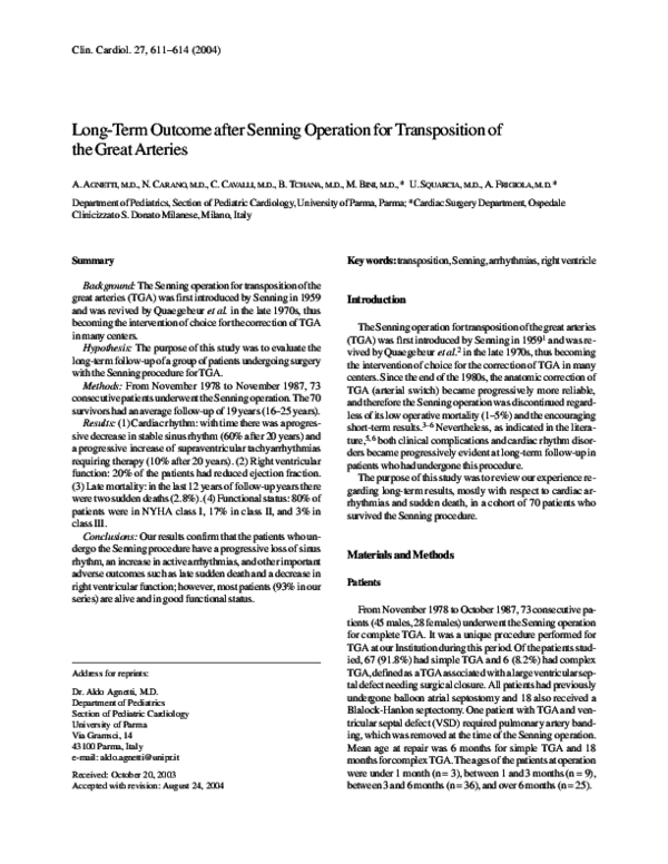 (PDF) Long-term outcome after senning operation for transposition of ...