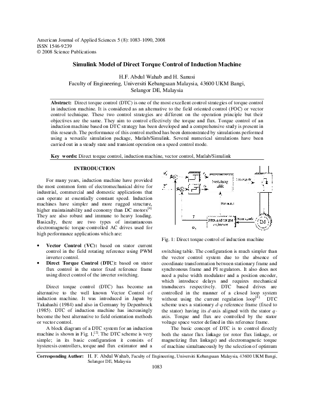 Pdf Simulink Model Of Direct Torque Control Of Induction Machine