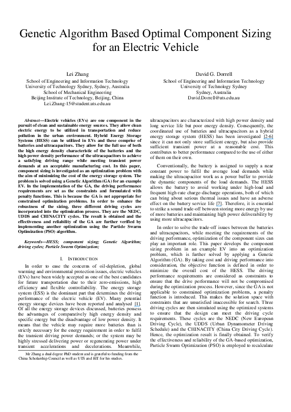 (PDF) Genetic Algorithm based optimal component sizing for an electric ...