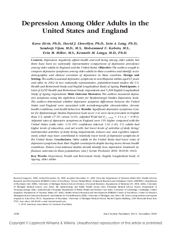 (PDF) Depression among older adults in the United States and England