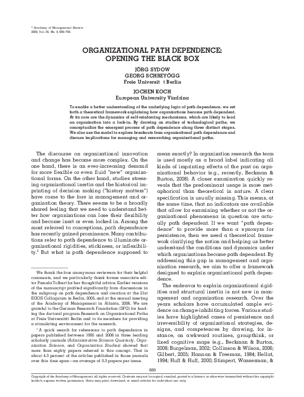 (PDF) ORGANIZATIONAL PATH DEPENDENCE: OPENING THE BLACK BOX