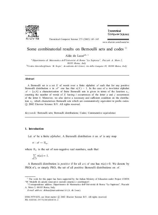 (PDF) Some combinatorial results on Bernoulli sets and codes