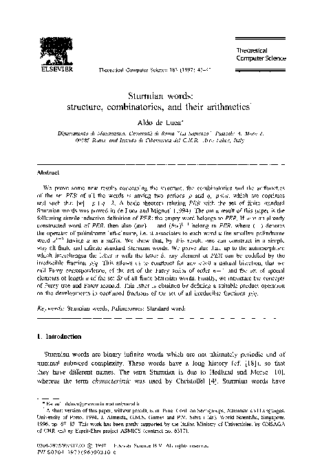 (PDF) Sturmian words: structure, combinatorics, and their arithmetics