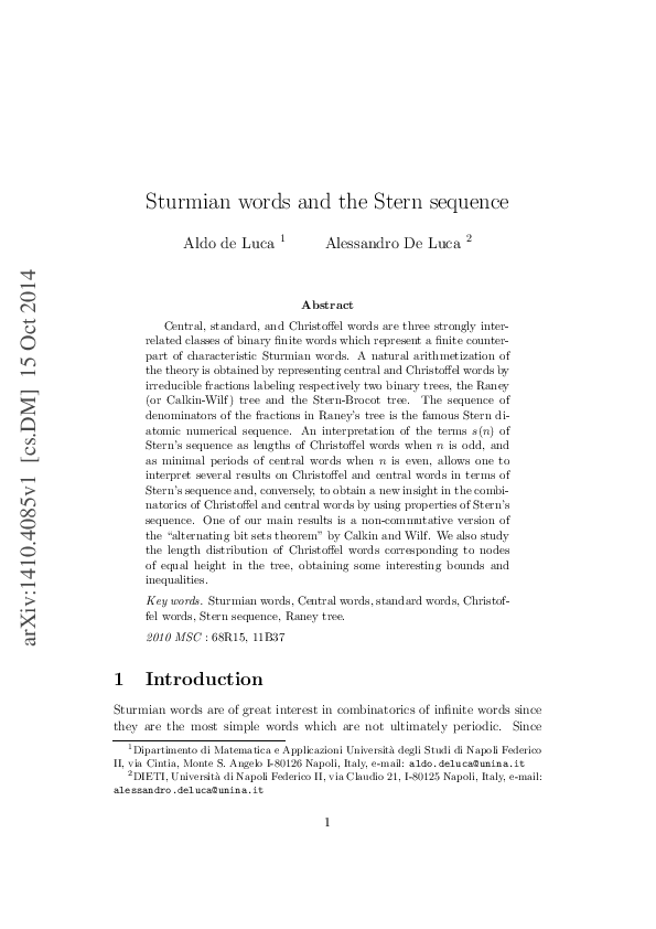 (PDF) Sturmian words and the Stern sequence