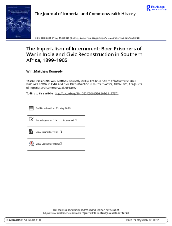 (PDF) The Imperialism of Internment: Boer Prisoners of War in India and ...