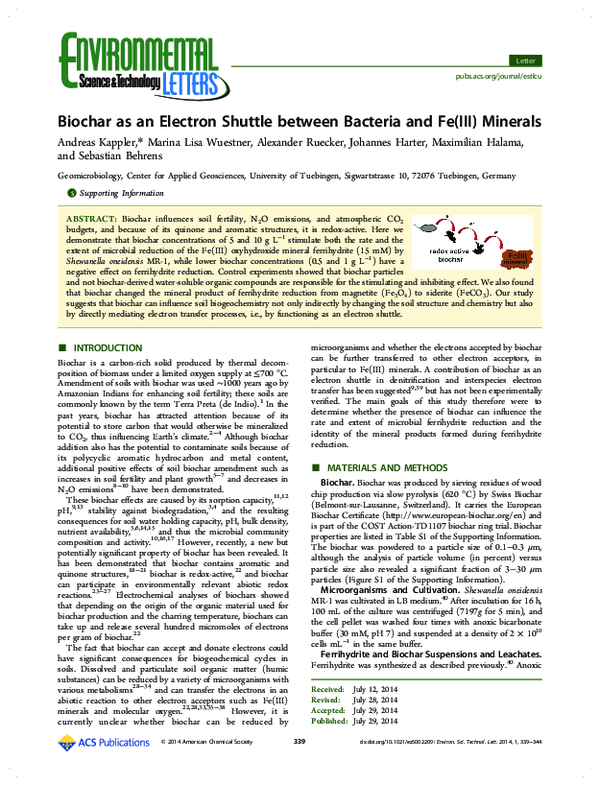 (PDF) Biochar as an electron shuttle between bacteria and Fe (III) minerals