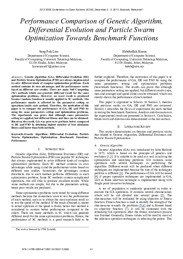 Pdf Performance Comparison Of Genetic Algorithm Differential Evolution And Particle Swarm