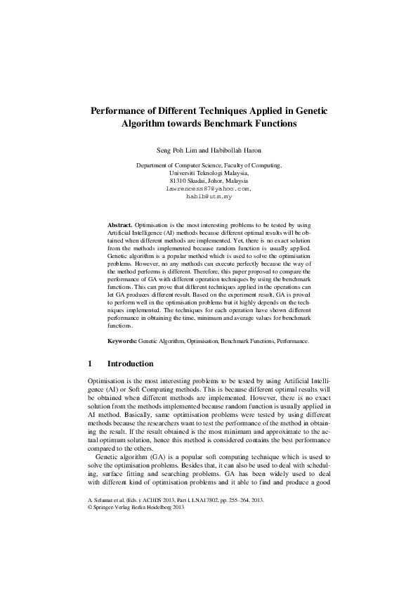(PDF) Performance of Different Techniques Applied in Genetic Algorithm towards Benchmark Functions