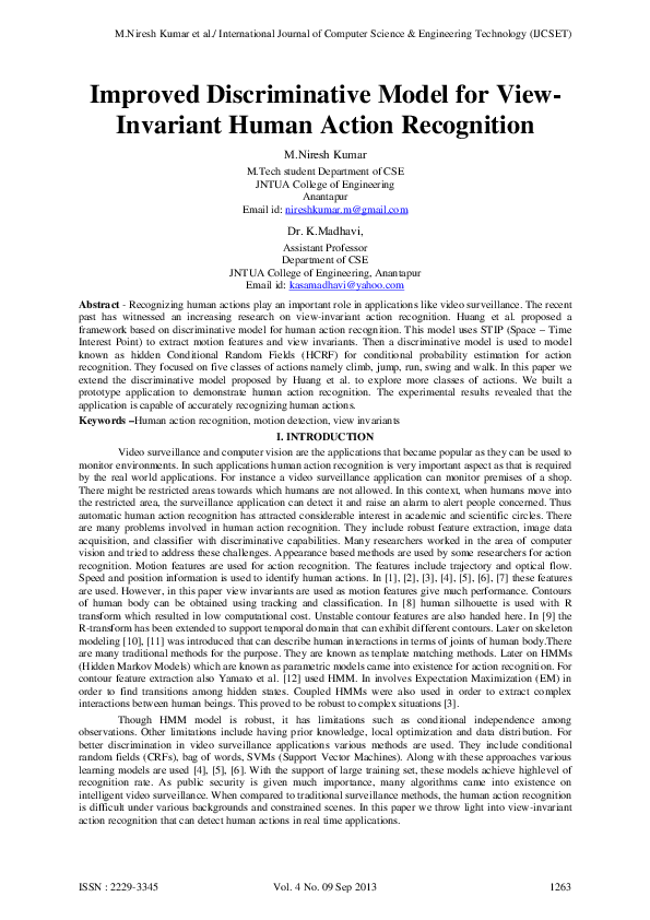 Pdf Improved Discriminative Model For View Invariant Human Action