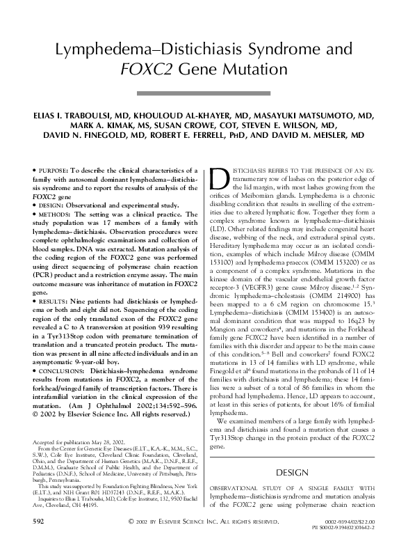 (PDF) Lymphedema-distichiasis syndrome and FOXC2 gene mutation