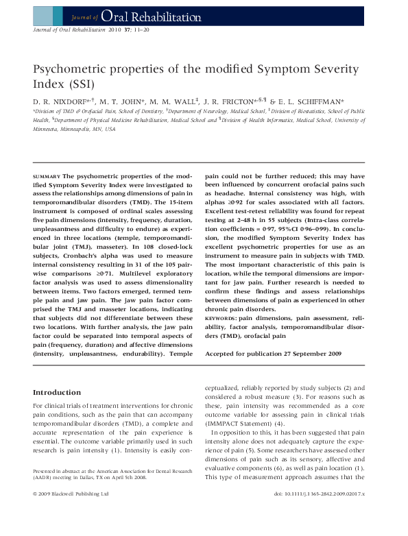 (PDF) Psychometric properties of the modified Symptom Severity Index (SSI)