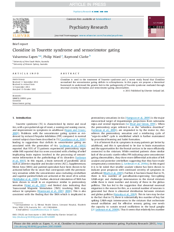 (PDF) Clonidine in Tourette syndrome and sensorimotor gating