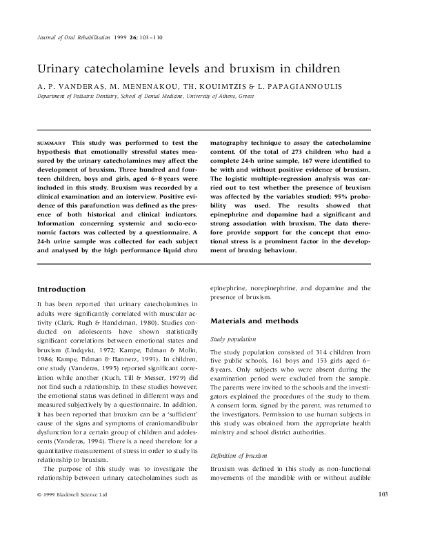 (PDF) Urinary catecholamine levels and bruxism in children