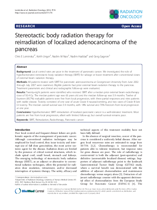 (PDF) Stereotactic body radiation therapy for reirradiation of localized adenocarcinoma of the ...