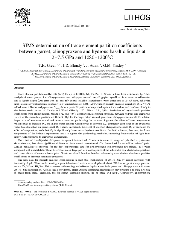 (PDF) SIMS determination of trace element partition coefficients between garnet, clinopyroxene ...