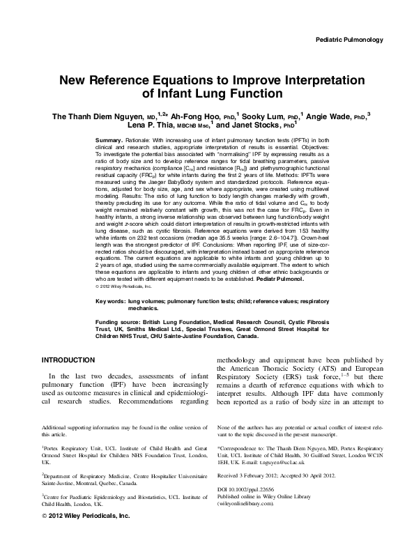 Pdf New Reference Equations To Improve Interpretation Of Infant Lung Function