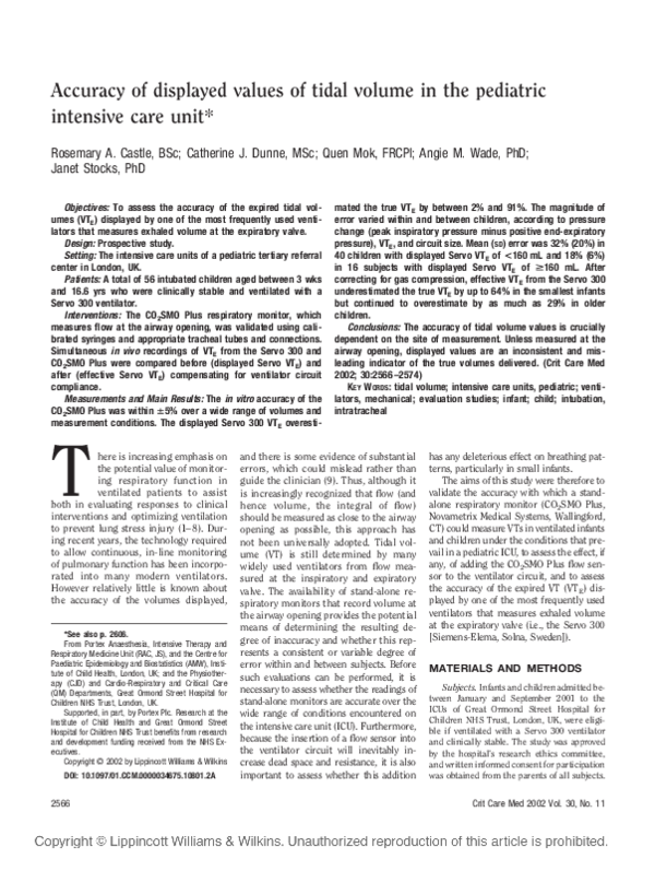 (PDF) Accuracy of displayed values of tidal volume in the pediatric ...