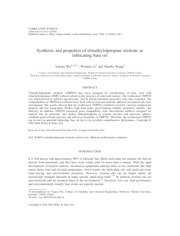 (PDF) Synthesis and properties of trimethylolpropane trioleate as ...