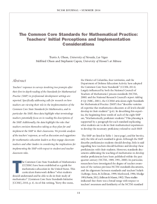 (PDF) The Common Core standards for mathematical practice: Teachers ...