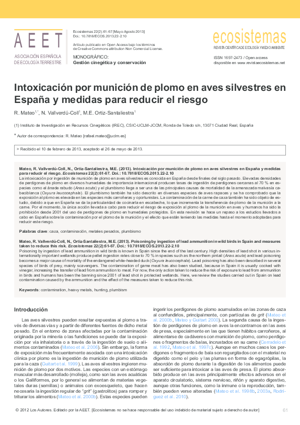 (PDF) Intoxicación por munición de plomo en aves silvestres en España y ...