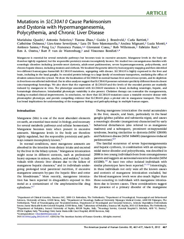 (PDF) Mutations in SLC30A10 Cause Parkinsonism and Dystonia with ...