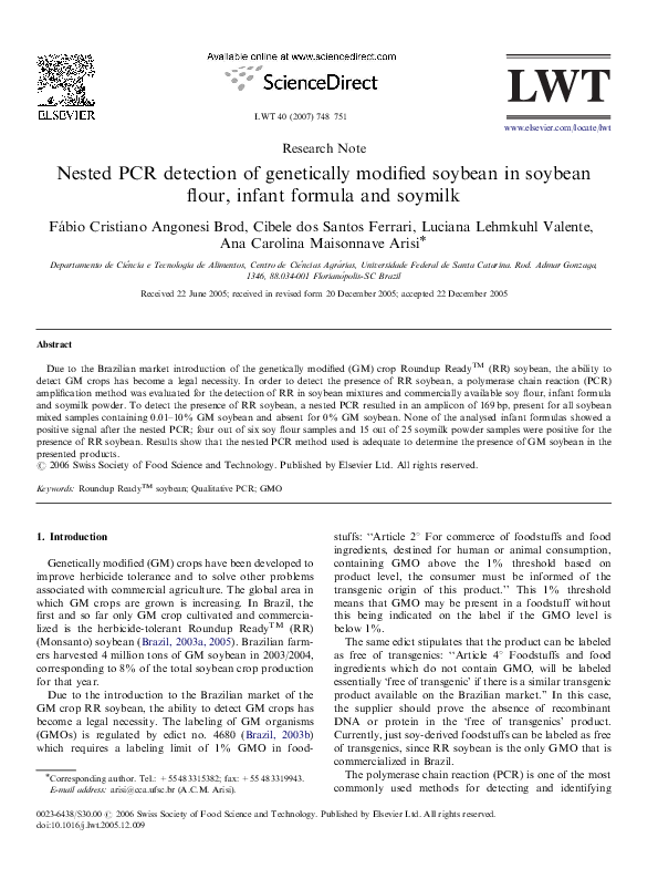 (PDF) Nested PCR detection of genetically modified soybean in soybean flour, infant formula and ...